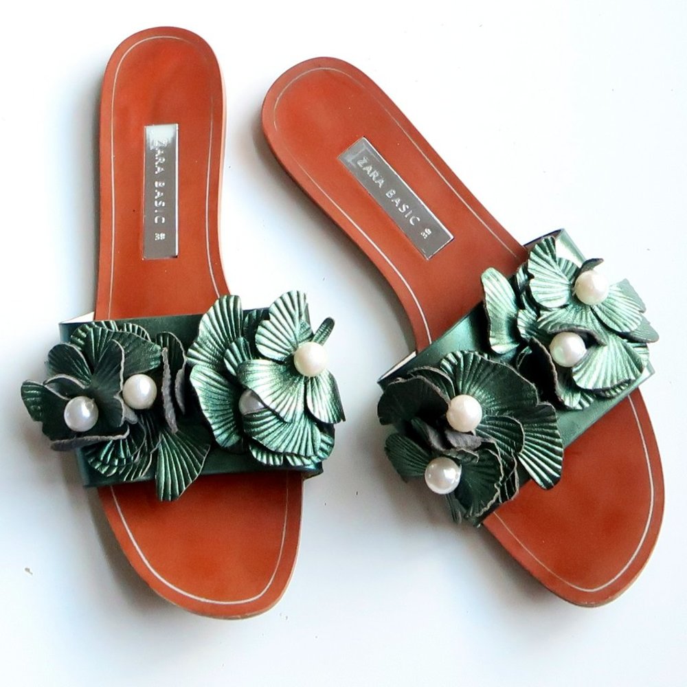 Zara Green Leaf & Pearl Slides Sandals Flat Slip-On S… - Gem